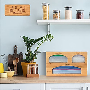 KitchenKit Bamboo Ziplock Bag Storage Organizer and Dispenser for Narrow Kitchen Drawer Suitable Gallon, Sandwich Snack Sizes, Plastic Baggies 3 Compartments Wooden Holder