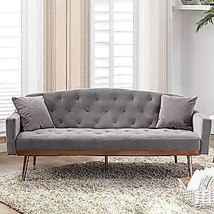 NOSGA Velvet Sofa, Convertible Loveseat Accent Sofa with Two Pillows, Modern Sleeper Sofa Couch Rose Gold Metal Feet for Living Room, Bedroom (Grey)
