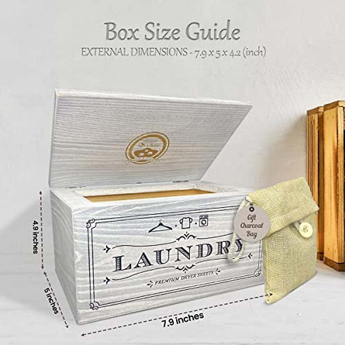 LUSAV Dryer Sheet Holder Dispenser with Hinged Lid for Laundry Room - Farmhouse Decor Dryer Sheets Container - with air Purifying Bag -Rectangular Box (Grayish-White) 7.9''x5''x4.2''