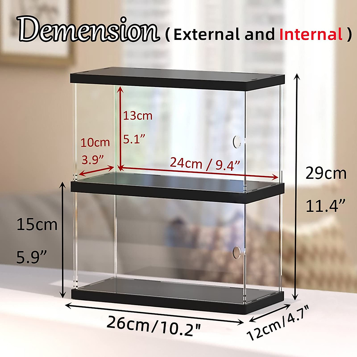 Clear Acrylic Display Case for Mini Funko Pop Figures with Light, 2 Layer Storage Cabinet Shelf Showcase for Toys Mini Figures Collectibles Rock Stone Crystals, Wooden Black Finish 10.2x4.7x11.4inch