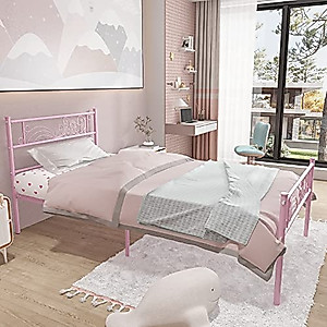 Weehom Twin Bed Frames Metal Platform Heavy Duty Steel Slat Under Bed Storage for Kids Pink