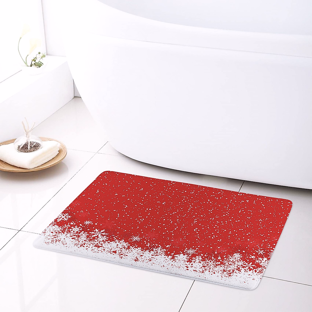 HVEST Winter Snow Memory Foam Bath Mat, White Snow with Snowflakes on Red Background Non Slip Bath Rug Kitchen Mat Door Mat Washable Absorbent Bathroom Décor Rug, 16 X 24 Inches