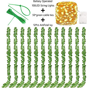 12 Pack Fake Vines for Room Decor with 100 LED String Light Artificial Ivy Garland Hanging Plants Faux Greenery Leaves Bedroom Aesthetic Decor for Home Garden Wall Wedding