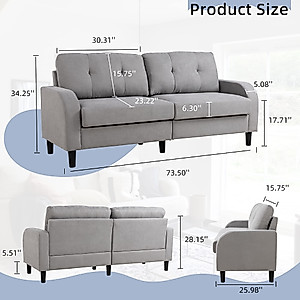 Vongrasig 73" Small Modern Loveseat Sofa Couch, Mid-Century Fabric Low Back 2-Seat Sofa Couch Tufted Love Seat for Living Room, Bedroom, Office, Apartment, Dorm, Studio and Small Space (Light Grey)