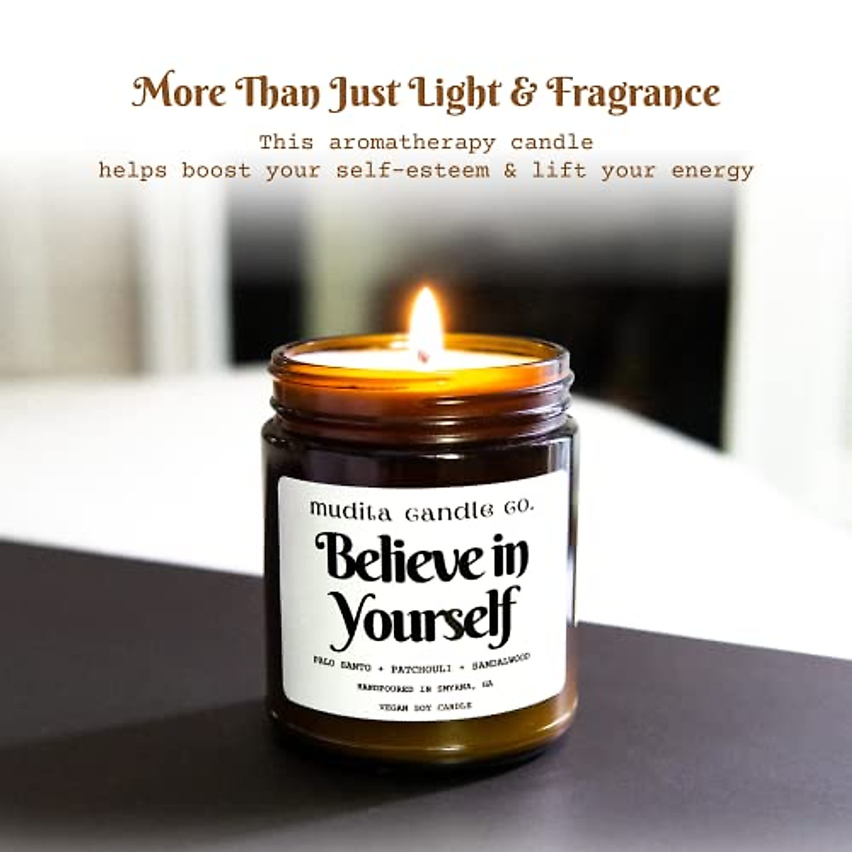 All Natural Vegan Soy Candles - Aromatherapy Candles for Home, Bathroom, Office - 70-80 Hours Long Burning Luxury Candle - Palo Santo, Patchouli, Sandalwood Scent by Mudita - Believe in Yourself