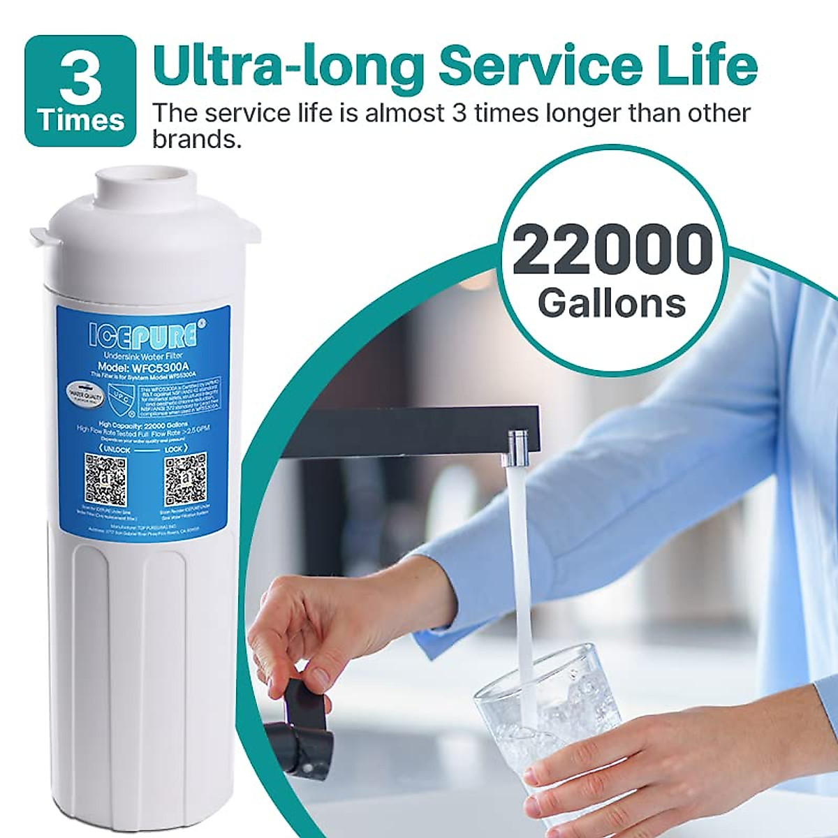 ICEPURE WFC5300A Under Sink Water Filter System, 3Years or 22K Gallons Ultra High Capacity, Replacement for ICEPURE WFS5300A Under Sink Water Filtration System, 0.5 Micron