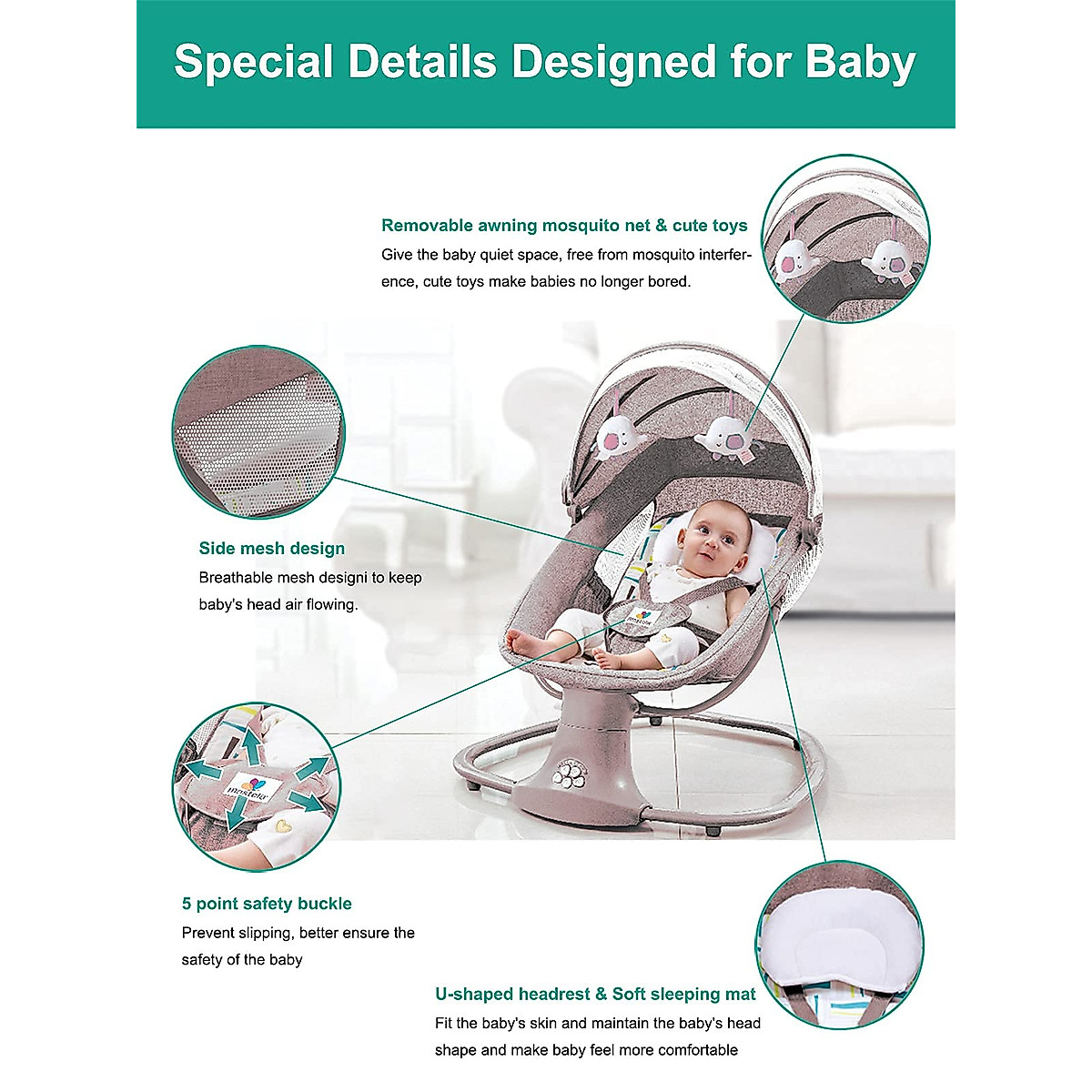 Electric Baby Swing Baby Cradle Infant Bouncer Baby Portable Adjustable Motorized Rocker with Bluetooth Music Speaker and 5 Swaying Gears Preset Lullabies and Smooth Remote Control (Pink)