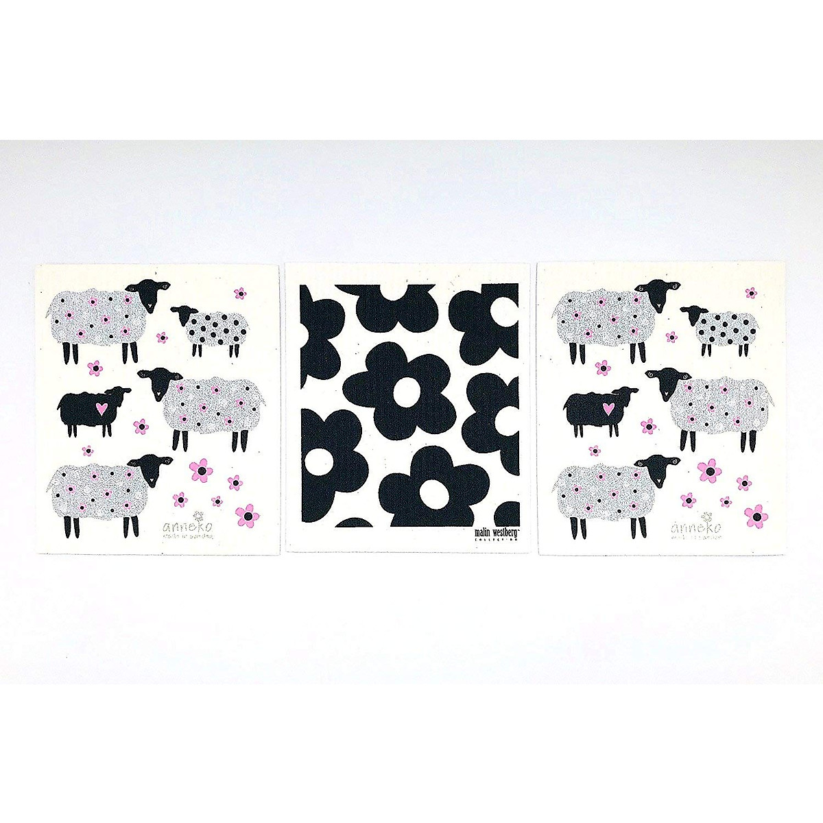 Bargquist Imports Collections Swedish Dish Cloths: Natural Eco Friendly Cotton Dishcloth with Country Pasture Sheep Theme; Black, White, Silver Grey, Pink Set of 3