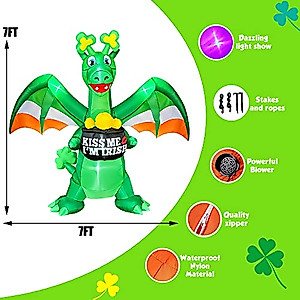 SEASONBLOW 7 Ft Inflatable St. Patrick's Day Dragon Holding a Pot of Gold Decoration with Shamrock Horn Irish Wings LED Blow Up Yard Decor for Lawn Yard Garden Indoor Outdoor Holiday Party