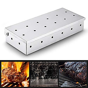 N/O Stainless Steel Wood Chip Box, Fengchen BBQ Grill Smoker Box Hinged Lid for Wood Chips BBQ Smoky Flavor Food on Gas Grill, Charcoal Grills | Warp Free Grilling Accessory