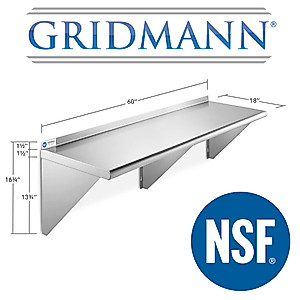 GRIDMANN 18" x 60" Stainless Steel Wall Mount Shelf with Backsplash, Commercial Grade - NSF Certified 18 Gauge Shelving for Restaurant, Kitchen, Utility Room, Garage