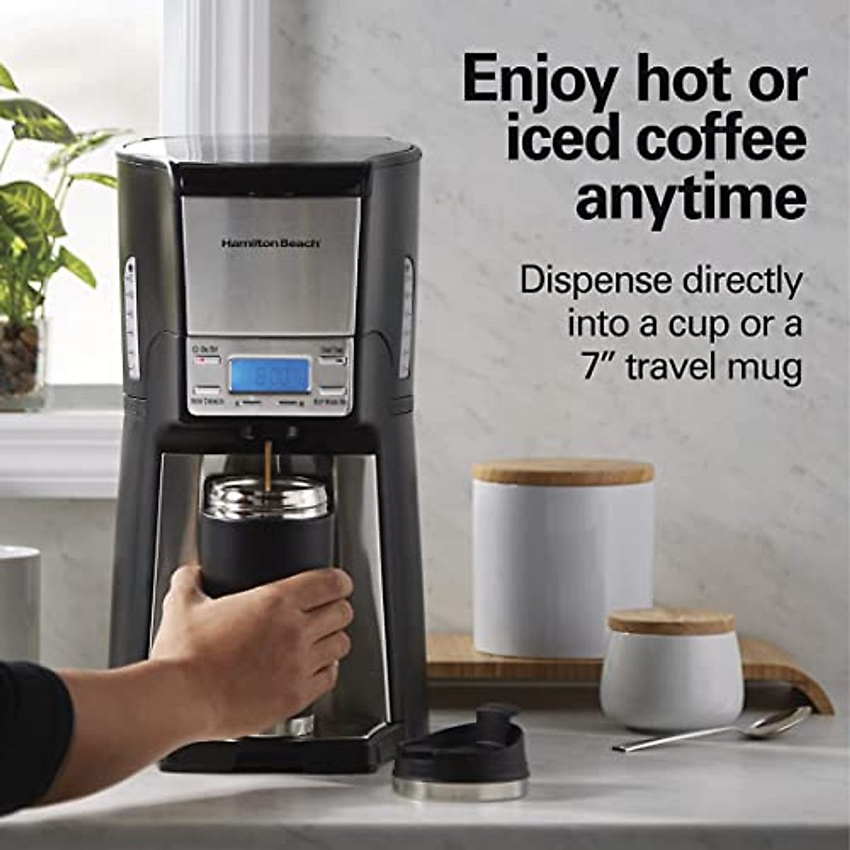 Hamilton Beach One Press Programmable Dispensing Drip Coffee Maker with 12 Cup Internal Brew Pot, Removable Water Reservoir, Black & Stainless Steel (48465)