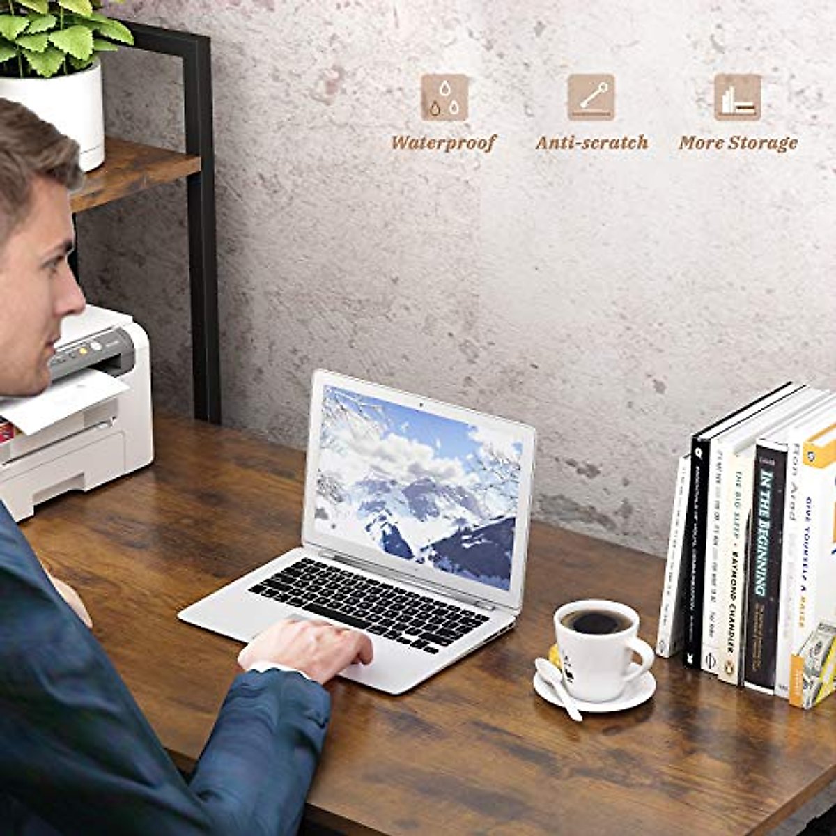 Engriy Computer Desk with 4 Tier Shelves for Home Office, 47" Writing Study Table with Bookshelf and 2 Hooks, Multipurpose Industrial Wood Desk Workstation with Metal Frame for PC Laptop, Rustic Brown