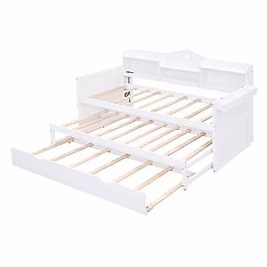 Merax Wooden Storage Shelf, Twin XL Daybed with 2 Trundle, White