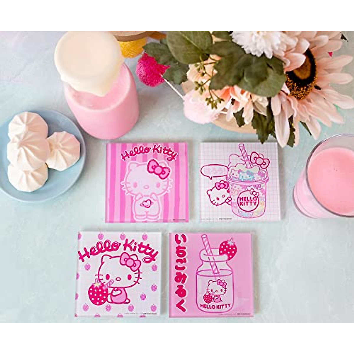 Sanrio Hello Kitty Strawberry Milk Glass Coasters for Drinks, Set of 4 | Tabletop Protection For Home Kitchen, Dining Room Table