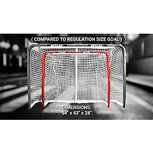 Mylec Steel Junior Hockey Goal for Indoor + Outdoor (52” x 43”), Easy Assembly, Lightweight, Portable, and Net Weave System (Red, 17 Pounds)