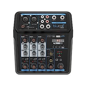 Blucoil 4-Channel Audio Mixer with 48V Phantom Power, 2-Band EQ, Delay and Repeat Effects, Bluetooth, XLR Microphone and MP3 USB Inputs for Home Studio Recording on Windows and Mac