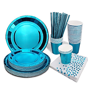 Blue Birthday Party Decorations Party Supplies Heavy Duty Disposable Metallic Blue Paper Plates and Napkins Dinnerware Set for Halloween,Baby Shower,Wedding-125PCS