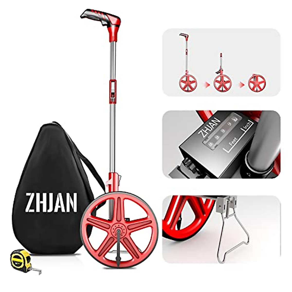 ZHJAN Distance Measuring Wheel in Feet and Inch,Collapsible with One key to Zero,Kickstand,Cloth Carrying Bag,Portable Measurement Wheel Professional engineering Road Measuring Tool