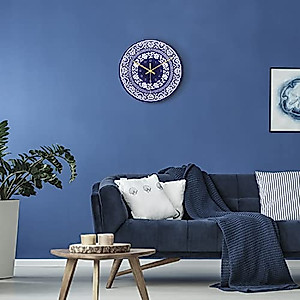 Lafocuse 12 Inch Blue and White Wall Clock, Navy Blue China Ceramic Wall Clock for Living Room Decor, Kitchen Clock Wall Decorative Battery Operated Silent Non-Ticking Bedroom Home Office