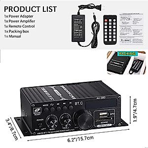 Facmogu AK380 Max 200Wx2 Mini Audio Power Amplifier, RMS 40Wx2 2.0 CH Bluetooth Receiver Speaker Amp with 12V 5A Power Supply, Bass & Treble Control Music Player Sound Amplifier for Car Home Garage