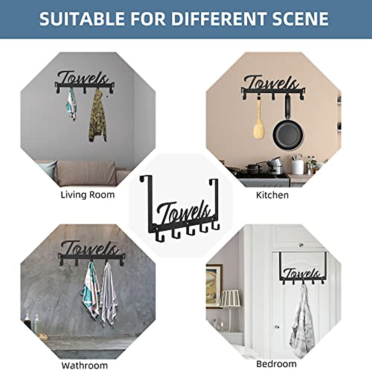 Azmoncy Over The Door Hooks, Towel Rack for Bathroom Towel Holder for Hanging Heavy Duty, Wall Mount Towel Hanger with 5 Hooks for Bedroom Bathroom Kitchen Towels, Bag, Coats, Hats