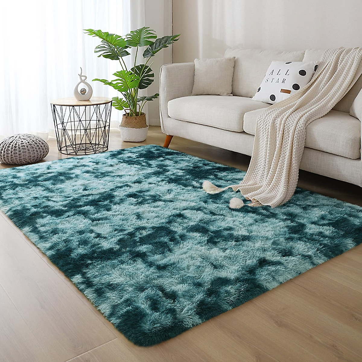 DweIke Fluffy Modern Area Rugs for Living Room Bedroom, 3x5 ft Plush High Pile Rug for Kids Girls Room Nursery Home Decor, Upgrade Non-Slip Girls Bedroom Soft Indoor Rug, Tie-Dyed Peacock Blue