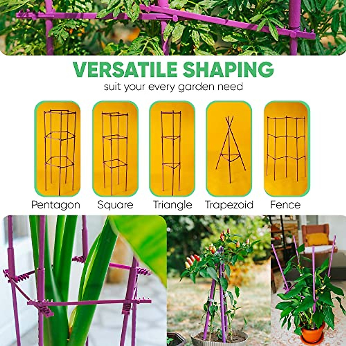 Large Tomato Cages for Garden - 48 Inches, 3-Pack Multifunctional Purple Tomato Plant Support for Vine, Vegetables, Fruits & Flowers with Adjustable Stake Arms - Non-Rusting with 20pcs Plant Clips