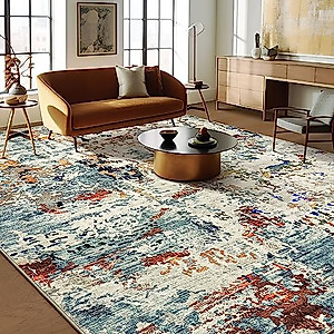 Area Rug Living Room Rugs - 8x10 Washable Large Modern Abstract Soft No Slip Indoor Rug Thin Floor Carpet for Bedroom Under Dining Table Home Office Decor - Blue