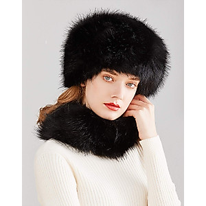 Lovful Faux Fur Women Russian Cossak Hat,Scarf Set for Ladies Winter,Black