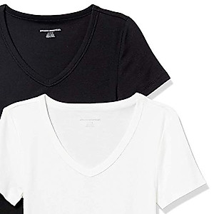 Amazon Essentials Women's Slim-Fit Short-Sleeve V-Neck T-Shirt, Pack of 2, Black/White, XX-Large