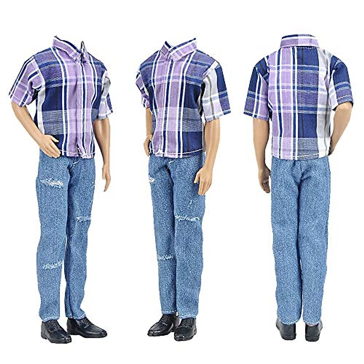 E-TING 3 Sets Fashion Casual Wear Plaid Doll Clothes Jacket Pants Outfits with 3 Pairs Shoes for 12 Inches boy Dolls