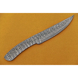 Knife Making, Damascus Steel Blank Blade 11 inches Long Hand Forged Trailing Point Skinning Knife, Hunting Knife with 3 Pin Hole, 6 inches Cutting Edge, 4.5" Scale Space
