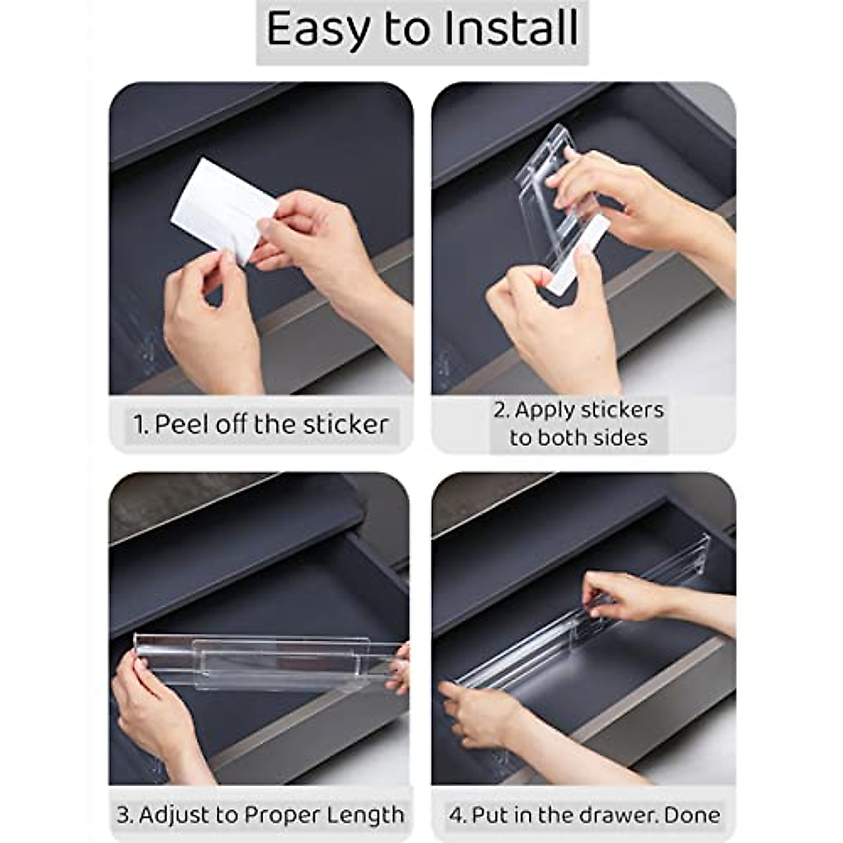 KIKILIE 4 Pack Transparent Drawer Dividers Organizer,Expandable 11-19 Dresser Drawer Divider - Multi-purpose Clear Drawer Organizers DD5250 DD5250