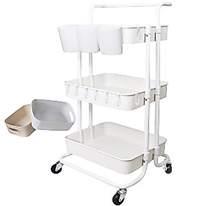 Freletry 3 Tier Utility Rolling Cart Storage Organizer Shelf Rack with 3PCS Hanging Cups 8PCS Hook 2PCS Storage Box for Home Office Kitchen Bathroom Storage (White 3 Cup+8 Hook+2 Storage Box)
