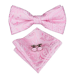 Hi-Tie Pink Paisley Bow Ties For Men Wedding Woven Silk Classic Pretied Bowtie and Pocket Square Cufflinks Set