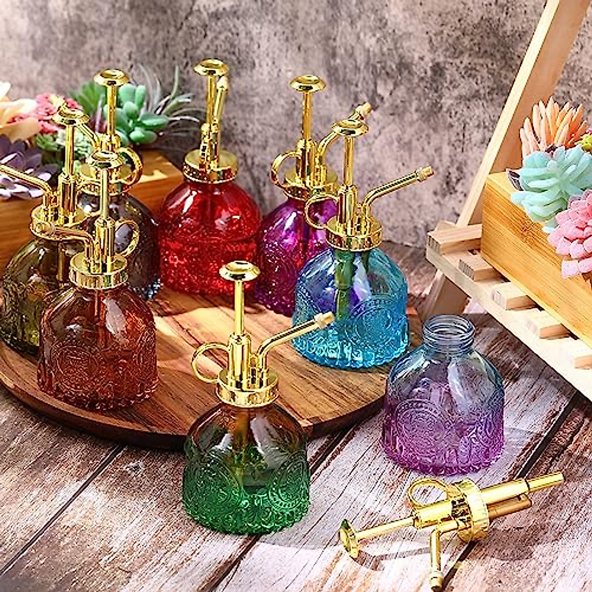 8 Pcs Glass Plant Mister Spray Bottle 200ml Vintage Plant Spritzer Multicolor Succulent Watering Bottle Watering Can 6.4'' with Plastic Top Pumps for Indoor Outdoor Succulents Garden Plants (Gold)