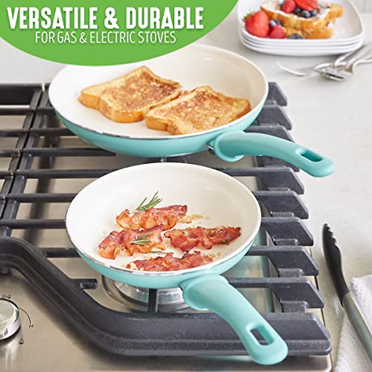 GreenLife Soft Grip Healthy Ceramic Nonstick 7" and 10" Frying Pan Skillet Set, PFAS-Free, Dishwasher Safe, Turquoise