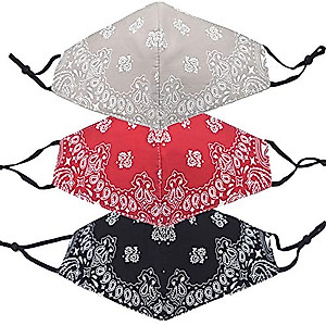 Men Women Face Cover Bandana, Soft Cotton Fabric Mask Half Face Protective, Fashion Black Unisex Paisley Balaclava, Reusable Washable, Anti Dust Protection for Gift 3PCS (black red gray)