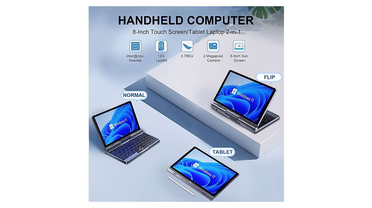 Mini Laptop 8 Inch HD Touchscreen Portable 2-in-1 with Windows 11 Pro