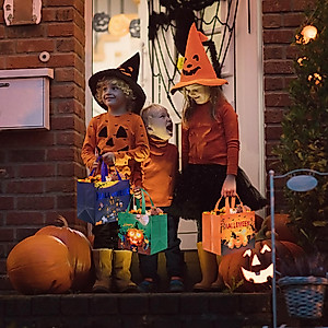 AhfuLife 6 Pcs Halloween Trick or Treat Bags, Halloween Candy Tote Bags with Handles, Reusable Halloween Non-Woven Gift Bags for Halloween Party Supplies Favors (7.8×7.8×5.9’’)