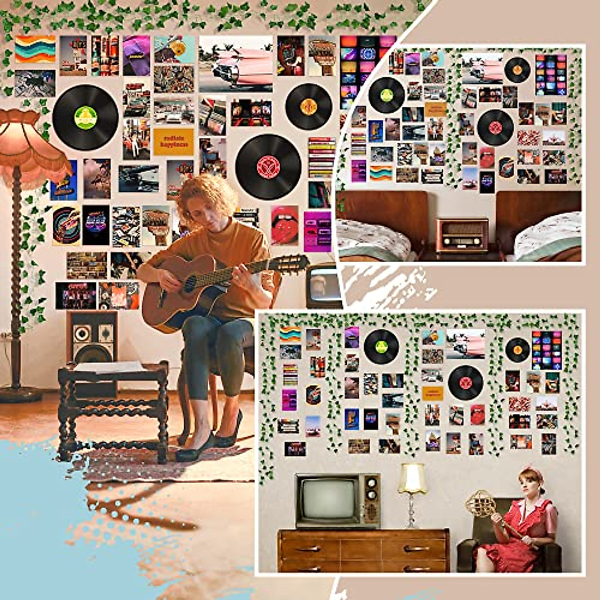 Retro Wall Collage Kit with Vines & Records - Perfect for Bedrooms