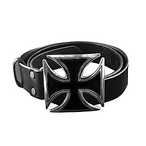 Mens Iron Huge Cross Buckle Biker Trucker Genuine Cowhide Leather Belt Black
