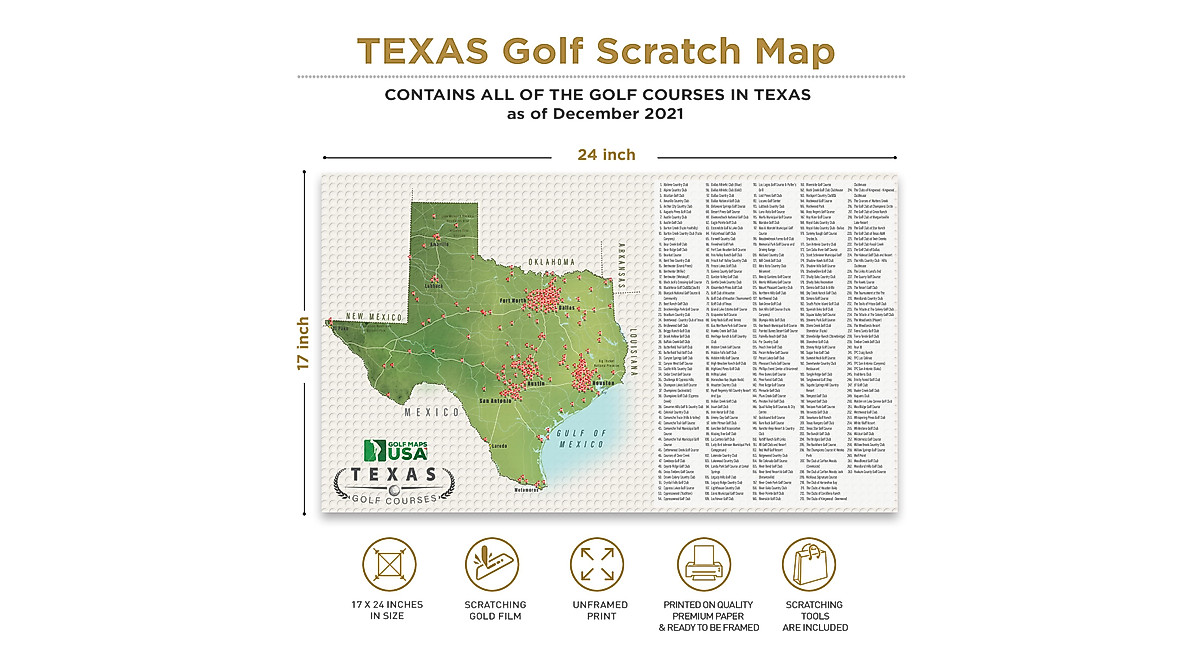 Texas Golf Scratch Map with 263 Courses | Unique Wall Decor for Golfers