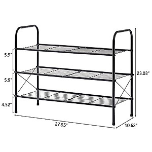 Tajsoon 3-Tier Stackable Shoe Rack Organizer, Adjustable & Expandable Shoe Storage Shelf for Entryway, Metal Wire Grid with X Shape Fixed Frame, Black