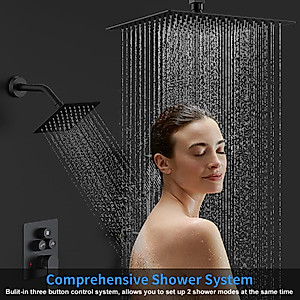 Woindo Shower Faucet Set, 12" Ceiling Mount Rainfall Shower System with 2 Rain Shower Head and Multi-function Handheld Head Push Button Diverter Shower Faucet Trim Kits, Matte Black
