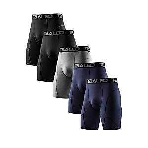 TELALEO 5 Pack Compression Shorts for Men Spandex Sport Shorts Athletic Workout Running Performance Baselayer Underwear Black/Double Blue/Double Gray L