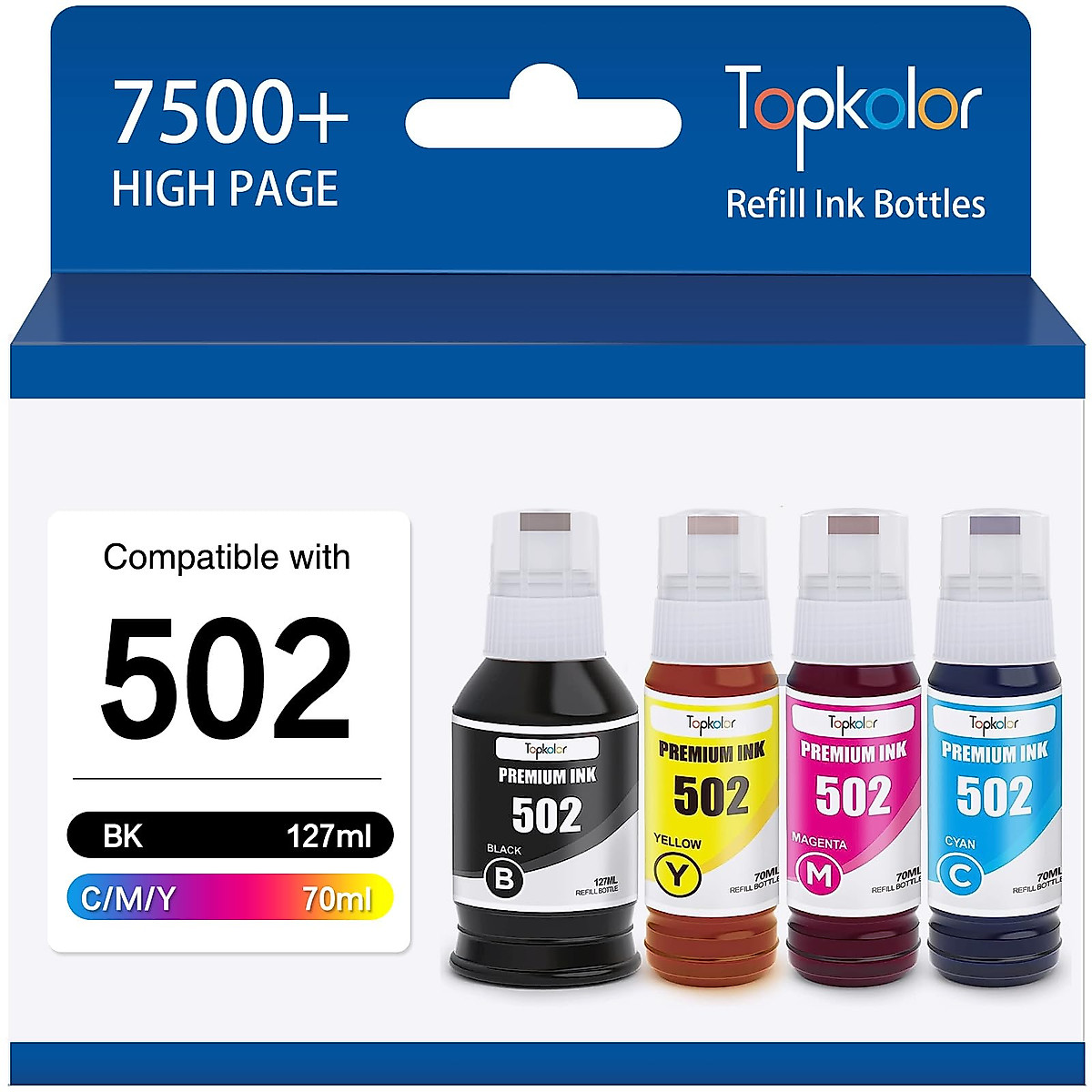 Topkolor Compatible T502 502 Refill Ink Bottle Kit for ET-2760 ET-2750 ET-3750 ET-4760 ET-4750 ET-3760 ET-3710 ET-3700 ET-2700 ST-2000 ST-3000 ET-2803 Printer, 4-Pack