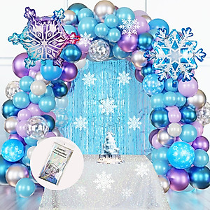 Snow Birthday Party Supplies Winter Wonderland Balloon Garland Arch Kit Metallic Blue, Purple Balloons, Snowflake Tablecoth for Frozen Mermaid, for Alice Themed Princess Girl Baby Shower Party Decor