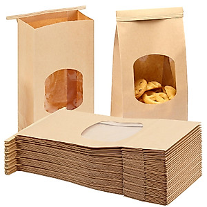 Moretoes 100pcs Bakery Bags with Window, 4.5x2.36x9.6in Kraft Paper Bags, Tin Tie Tab Bags Brown Window Bags Cookie Bags, Coffee Bags